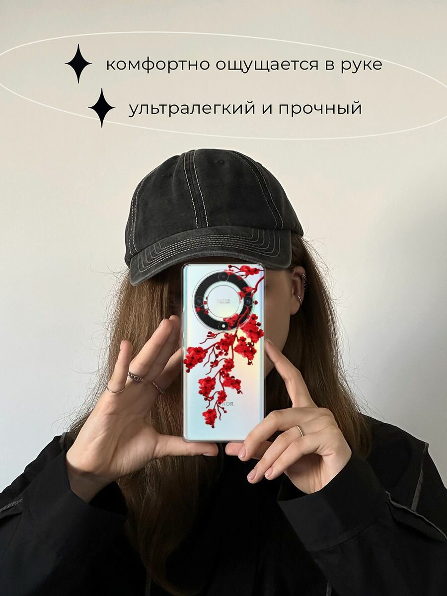 Силиконовый чехол на Honor X9A / Хонор X9A с принтом Красная веточка сакуры — фото 1