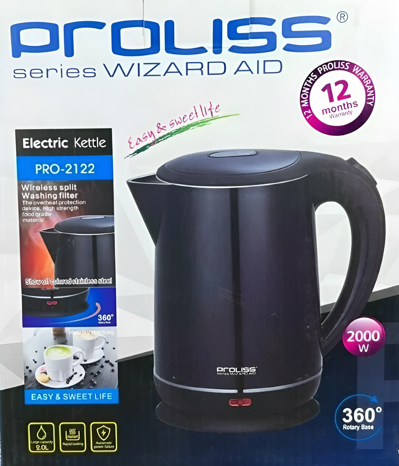 Чайник PROLISS PRO-2122, 2000Вт, двойные стенки, вращение 360°, 2 л , чёрный
