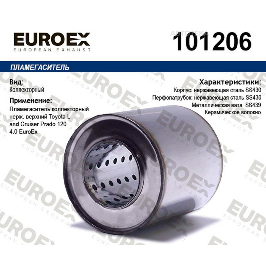 Пламегаситель коллекторный нерж. сталь (верхний) EUROEX 101206 TOYOTA LC Prado (J120) mot.4,0L EUROEX