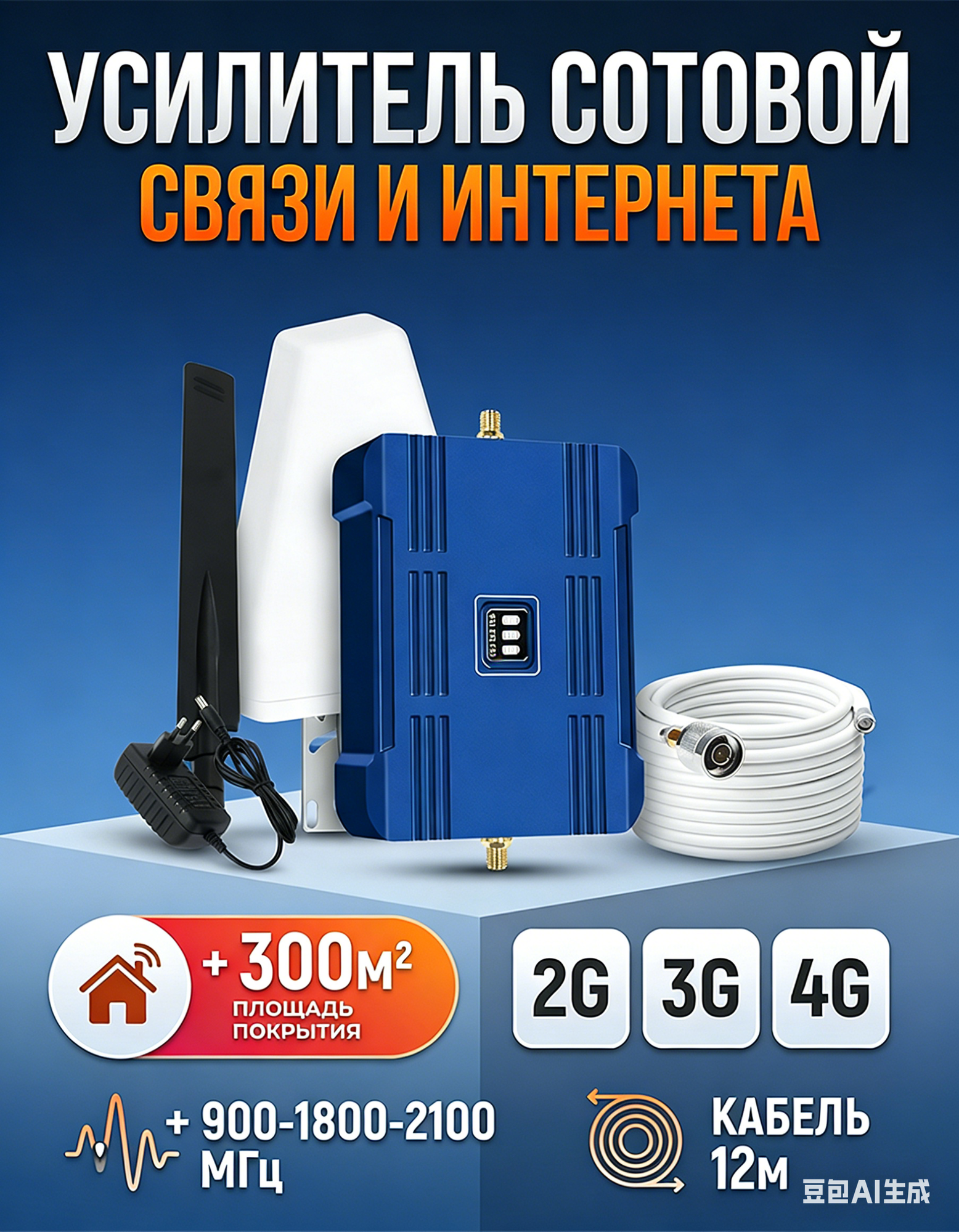 Усилитель сотовой связи 900/1800/2100 МГц (2G/3G/4G): до 70 км, направленный, синий, 1.3 кг