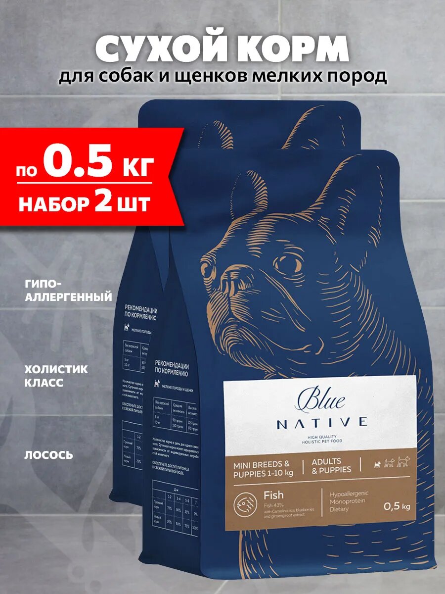 Корм сухой Blue Native Holistic Mini Breeds & Puppies Fish для щенков и собак мелких пород, лосось, 500 г х 2 шт
