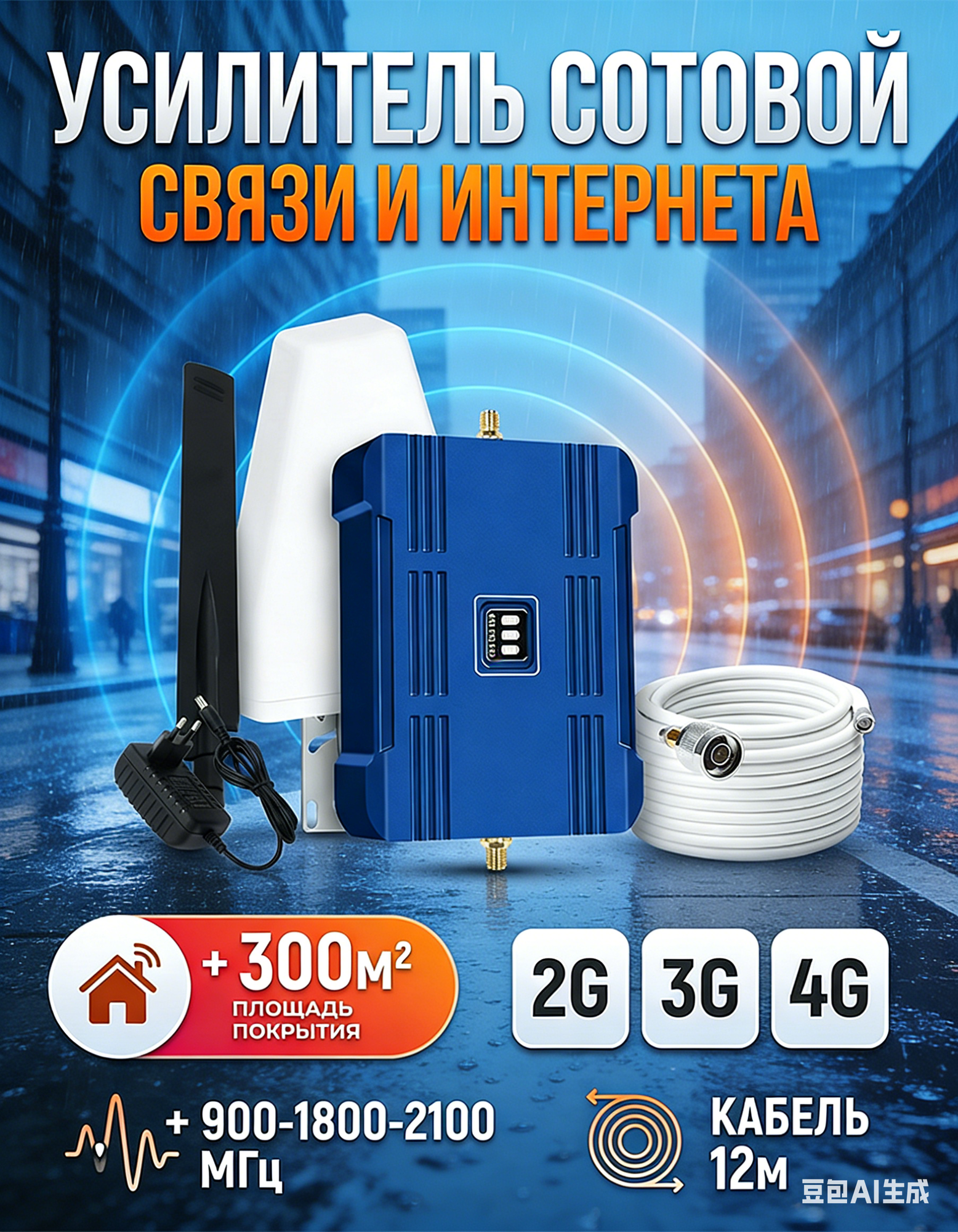 Усилитель сотовой связи 900/1800/2100 МГц (2G/3G/4G): до 70 км, направленный, синий, 1.3 кг
