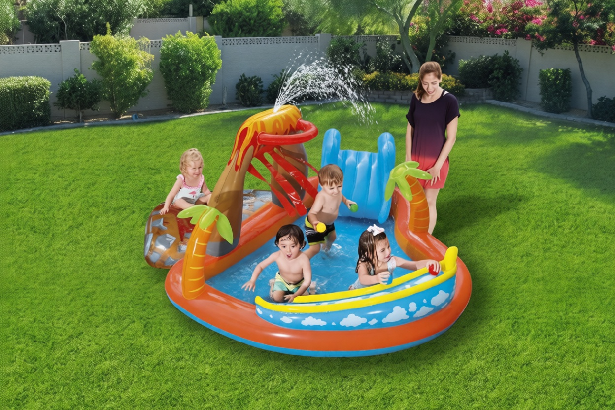 Игровой центр с бассейном, Bestway Lava Lagoon, 265х265х104 см "Вулкан" с разбрызгивателем, горкой и игрушками, 208л