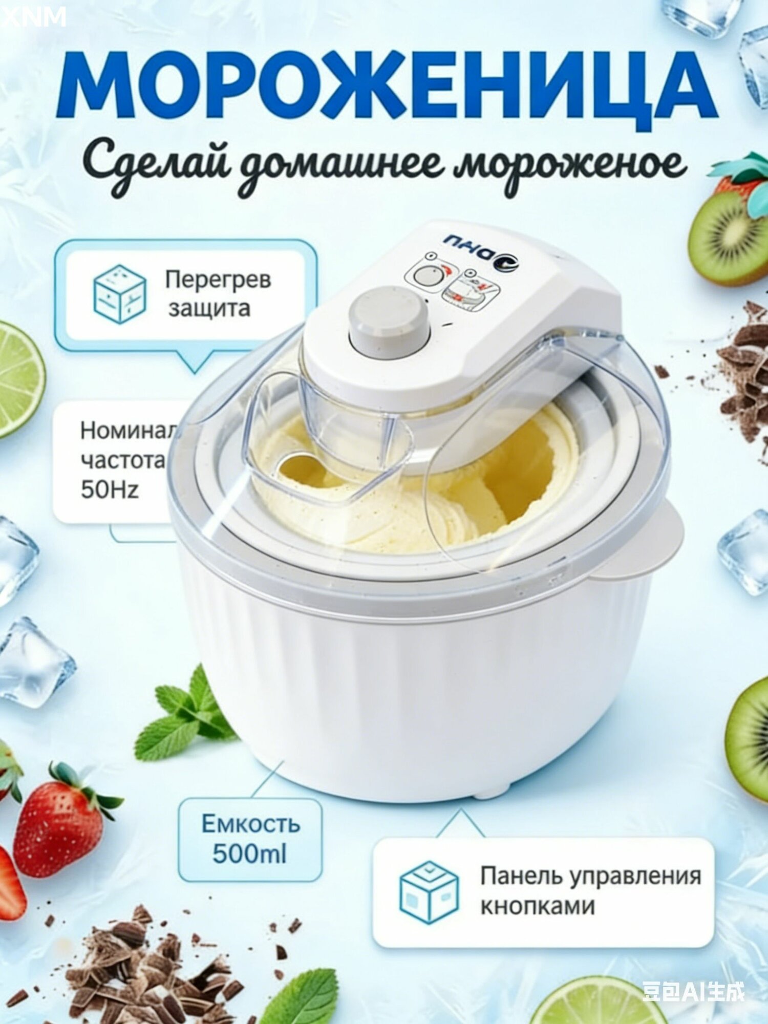 Автоматическая мороженица для домашнего фруктового мороженого с чашей 1 литр