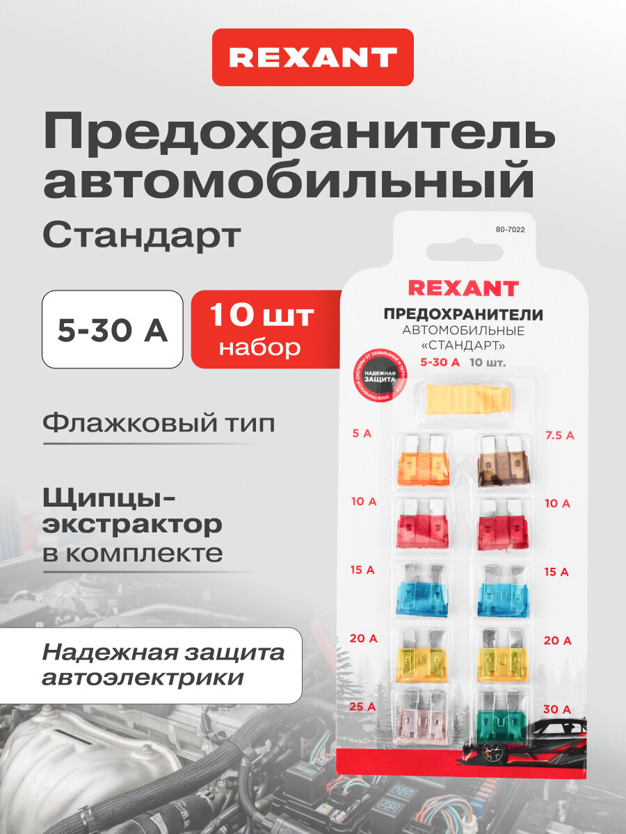 Набор автомобильных предохранителей REXANT "Стандарт" от 5 А до 30 А с щипцами для замены предохранителей, 10 шт