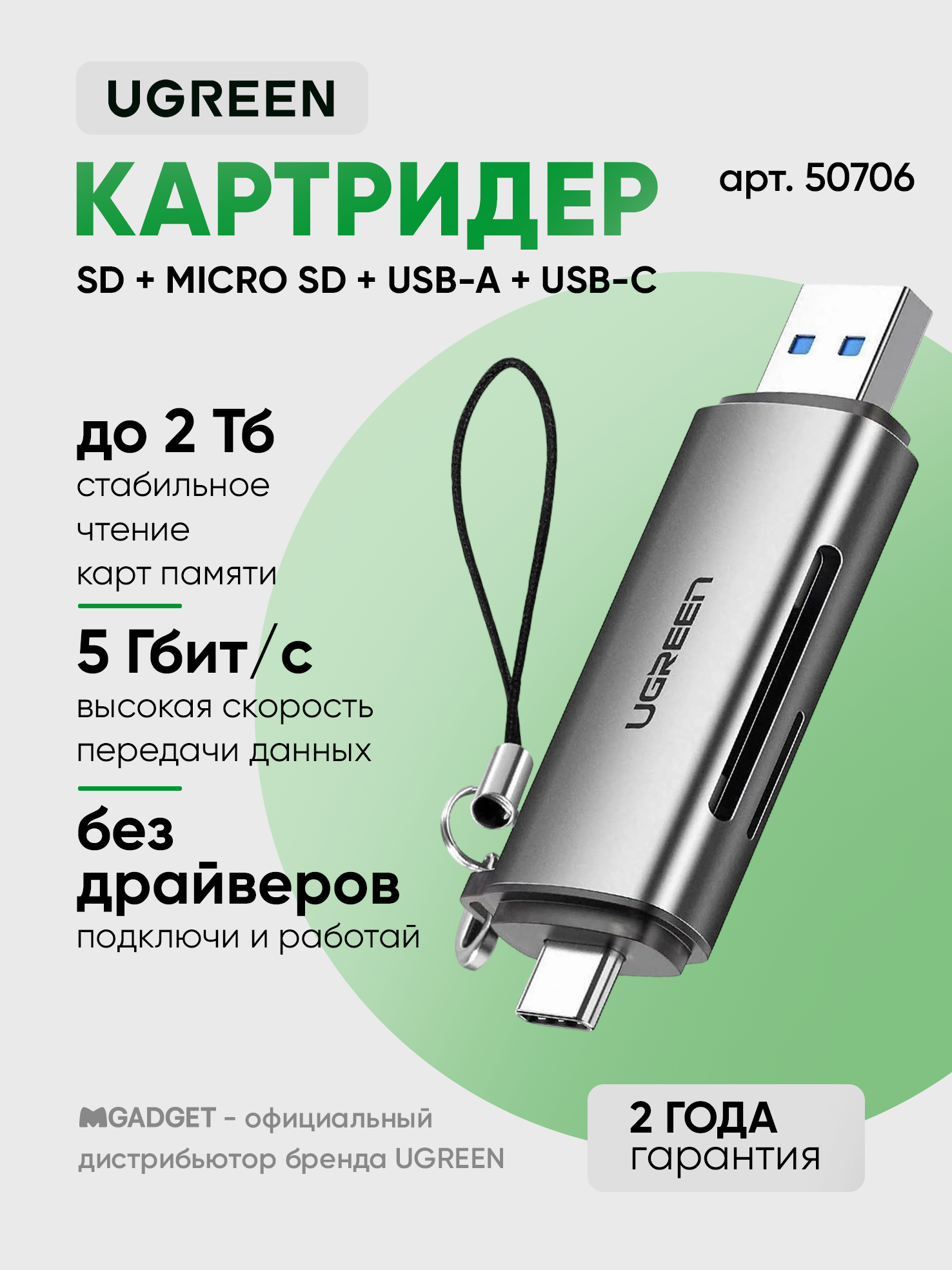 Кардридер Ugreen 50706 USB-C + USB-A 3.0 для карт памяти TF/SD