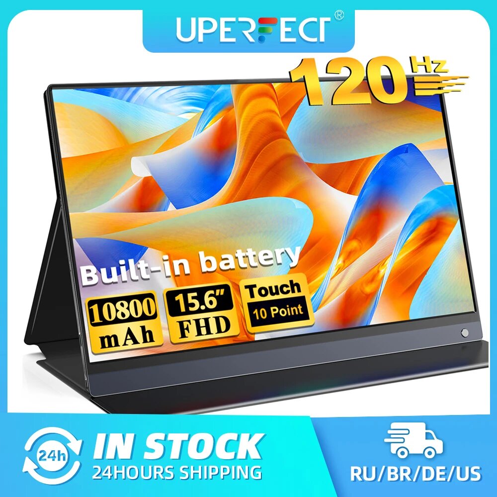 Монитор с сенсорным экраном UPERFECT 15.6" с встроенной батареей на 10800 мАч, разъёмами USB C, HDMI, разрешением 1080P Full HD и частотой обновления 120 Гц, портативный игровой дисплей