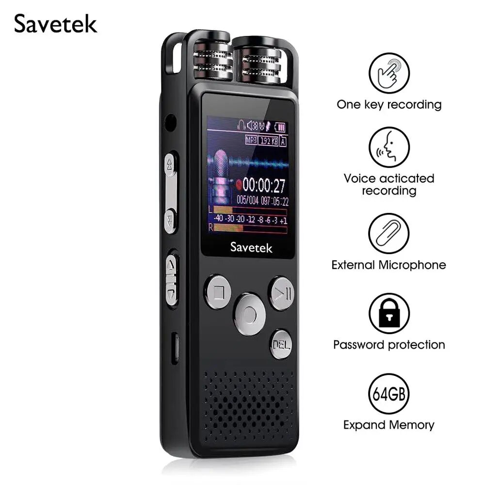 Savetek Диктофон 16 ГБ, черный, без микрофона