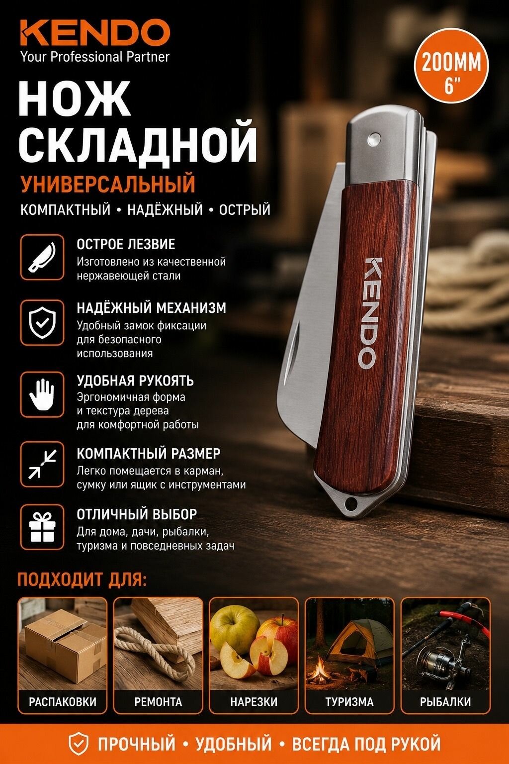 Нож электрика KENDO прямое лезвие 30674