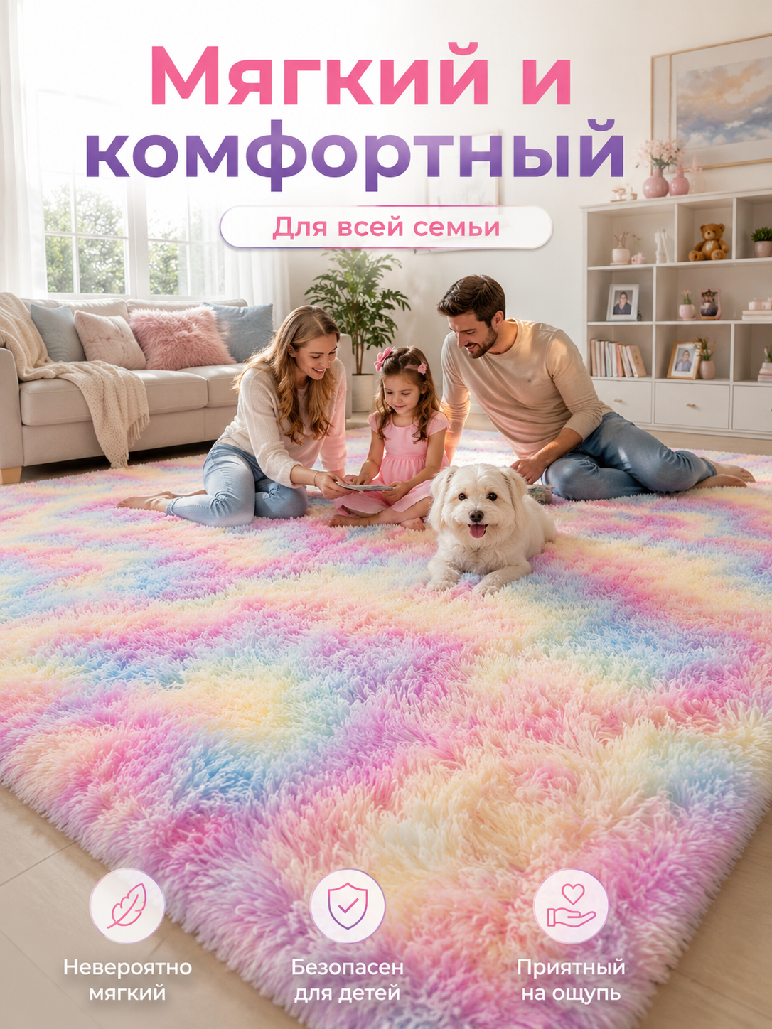 Ковер на пол с длинным ворсом 200х300, очень мягкий и пушистый для спальни, в комнату, спальню, гостиную, прихожую