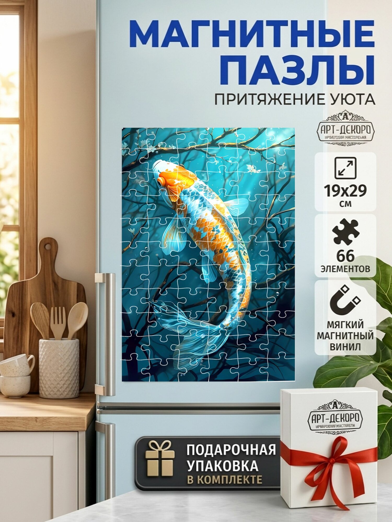 Магнитные пазлы рыбы Японские Карпы Кои, 19х29 см, 66 деталей