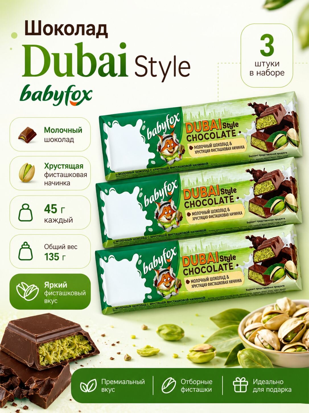 Шоколад BabyFox Dubai Style молочный с хрустящей фисташковой начинкой, набор 3 шт по 45 г