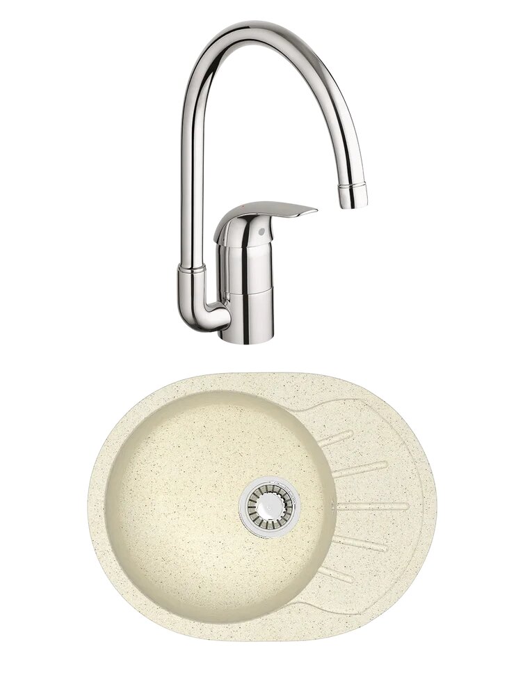 Комплект Мойка AZARIO Light 00079919 57x44, бежевая, искусственный мрамор / Смеситель Grohe Euroeco 32752000 глянцевый хром