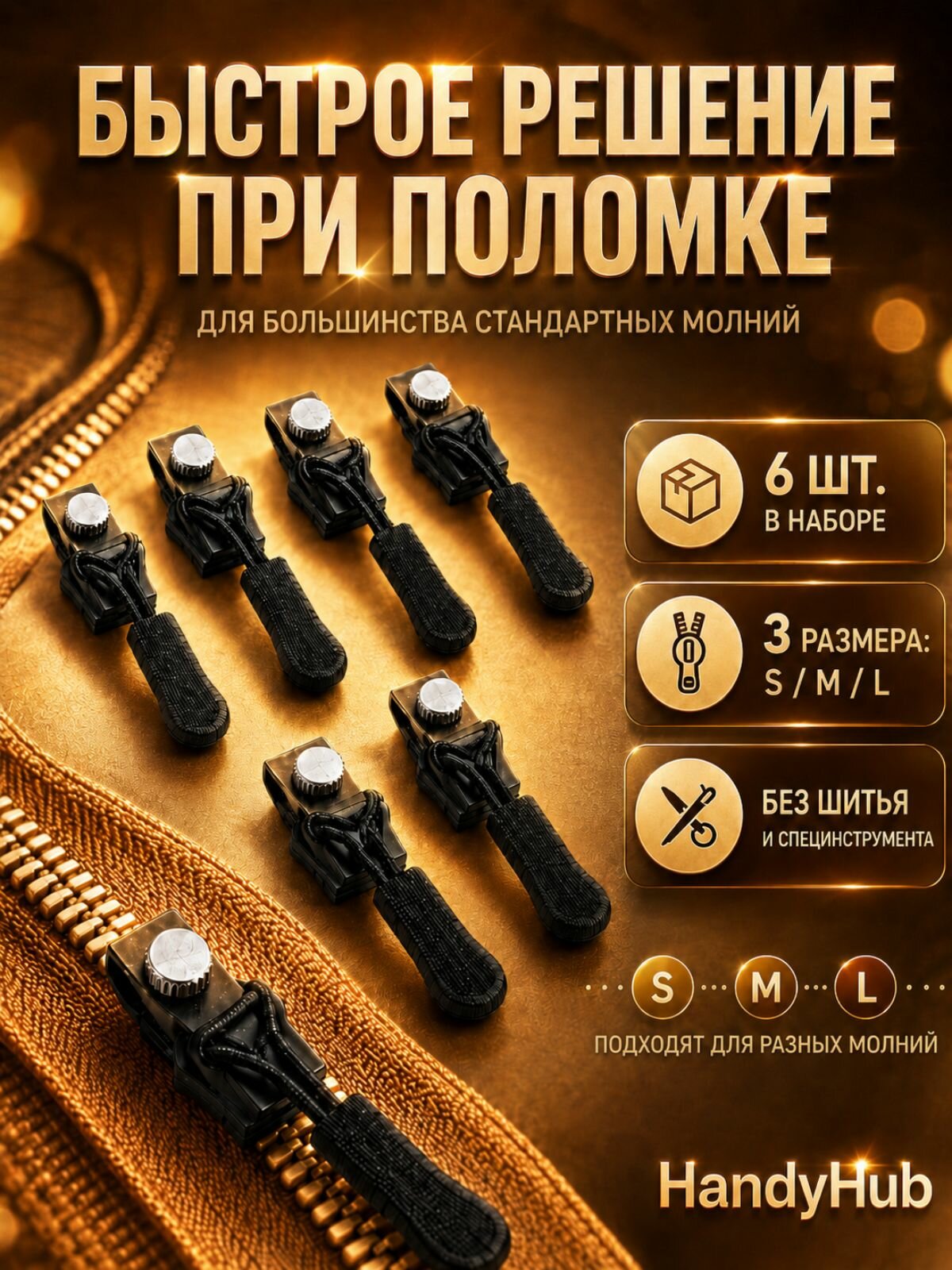 Бегунок для молнии съемный, 6шт / Набор собачек для ремонта молнии, размер S, M, L, c пуллером