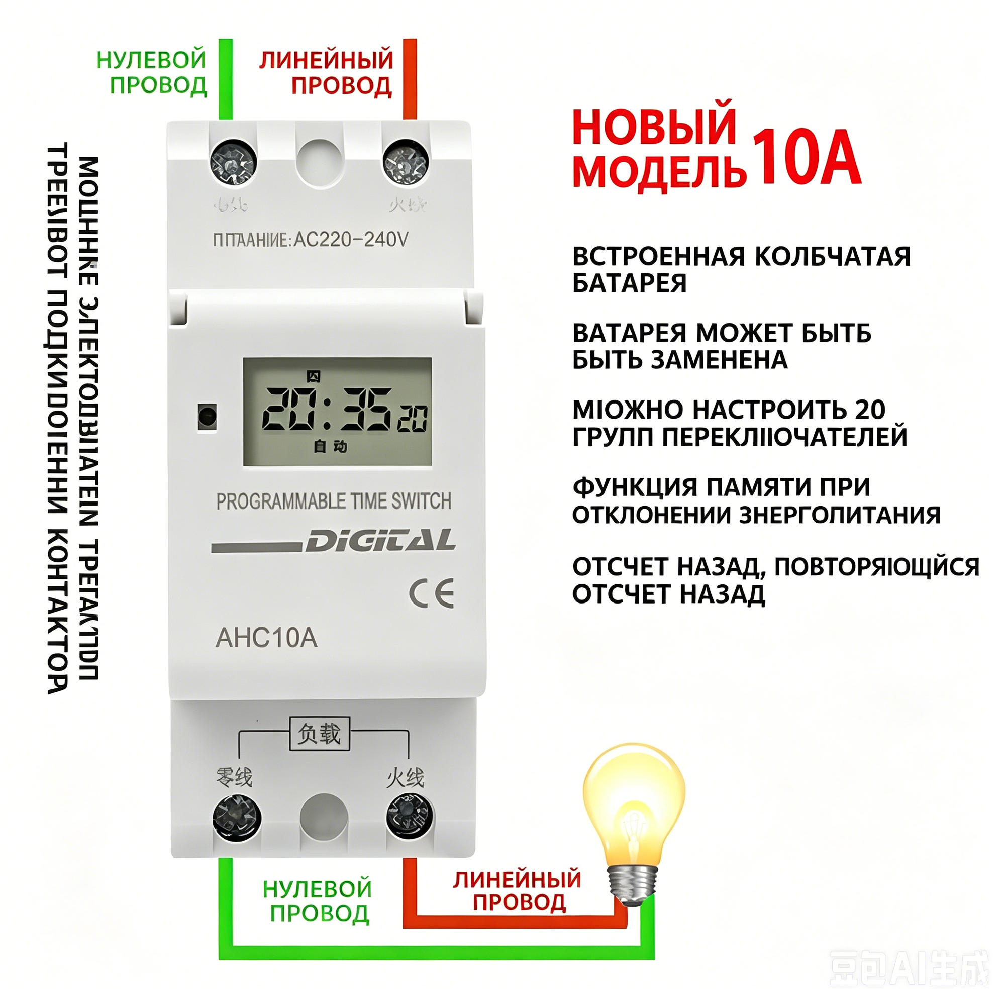 TOMZN Программируемый цифровой таймер AHC15A/AHC10A 10A, 220V AC