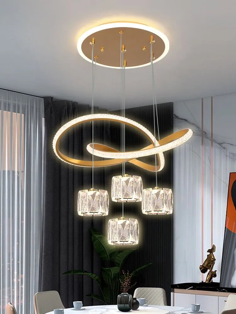 Современная золотая LED люстра, 100 Вт, с 4 хрустальными шарами, RGB, 3 режима, управление пультом — фото 1