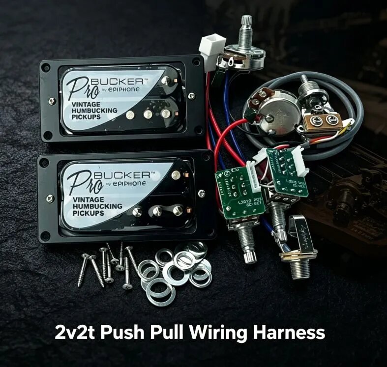 Звукосниматель Epiphone ProBucker Alnico 5 с двумя катушками и кабельным жгутом 2V2T с двухтактной схемой подключения.