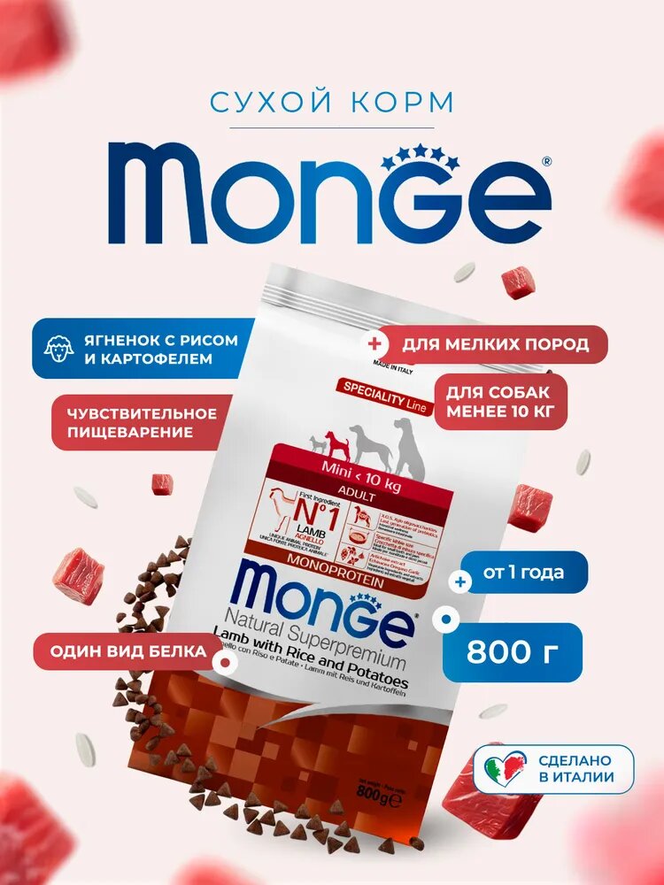 Сухой корм для взрослых собак Monge Dog Speciality Line Monoprotein Mini для мелких пород из ягненка с рисом и картофелем 800 г