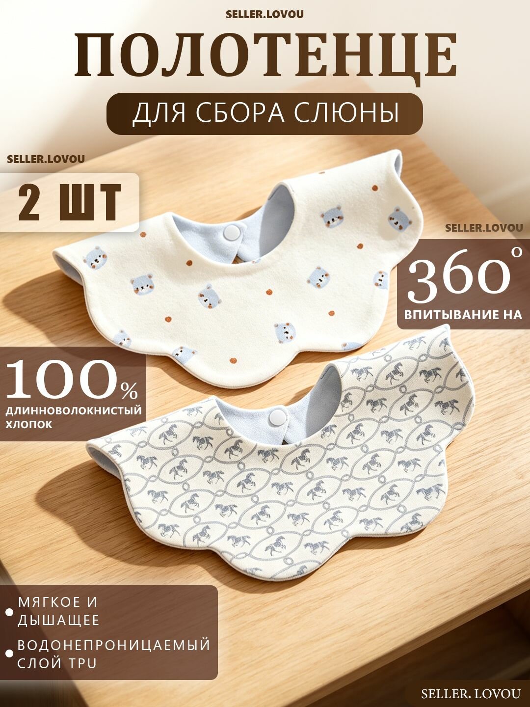 Набор детских двусторонних нагрудников-слюнявчиков из 100% хлопка, 2 штуки, 360° впитывание с водонепроницаемым слоем