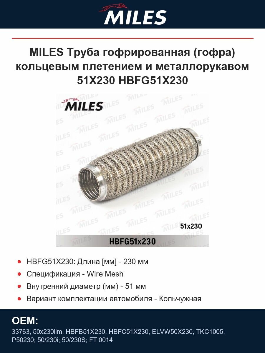 MILES Труба гофрированная (гофра) кольцевым плетением и металлорукавом 51X230 HBFG51X230