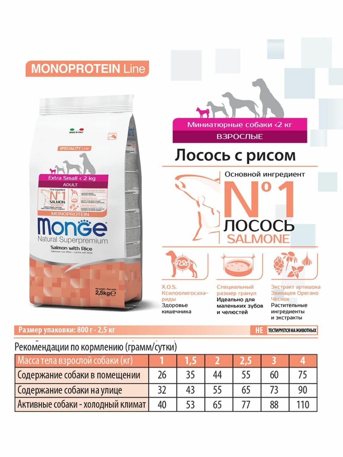 Monge Extra Small - Корм для взрослых собак миниатюрных пород лосось с рисом 2,5 кг — фото 1