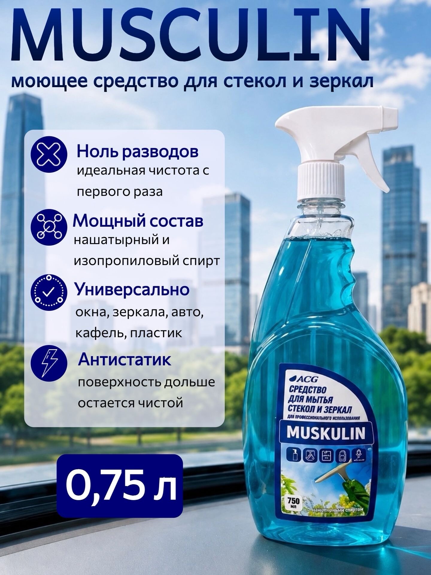 Средство для мытья стёкол ACG MUSKULIN, антистатический эффект, 750мл