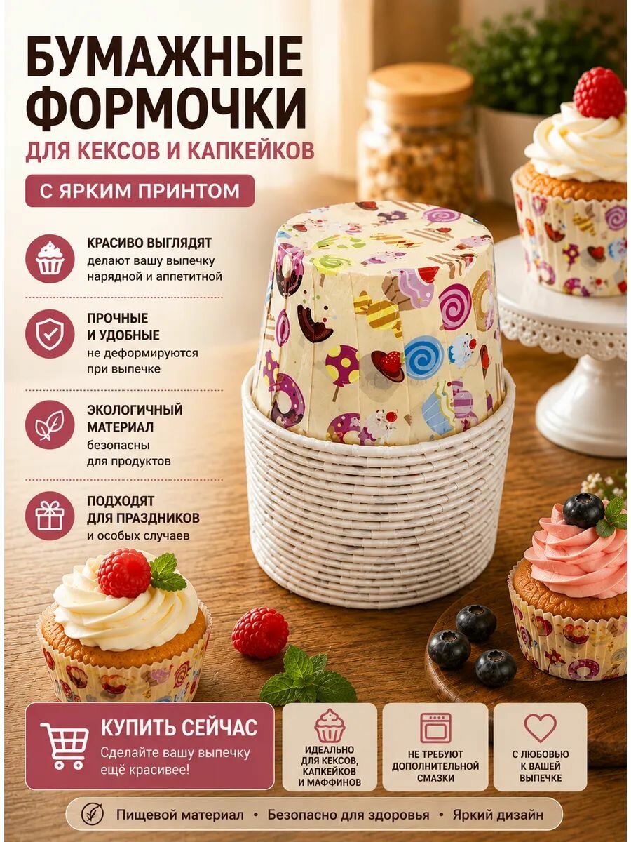 Форма бумажная "Маффин" 50*40 мм (сладости) с ламинацией, 20 шт.
