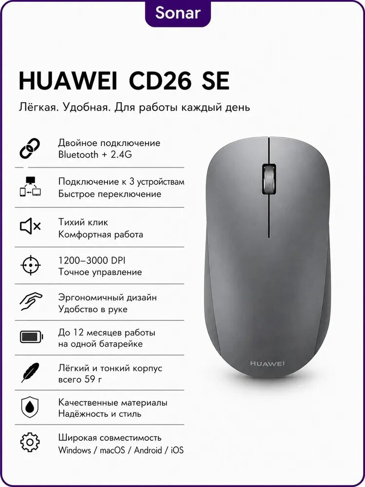 HUAWEI Мышь беспроводная, темно-серый