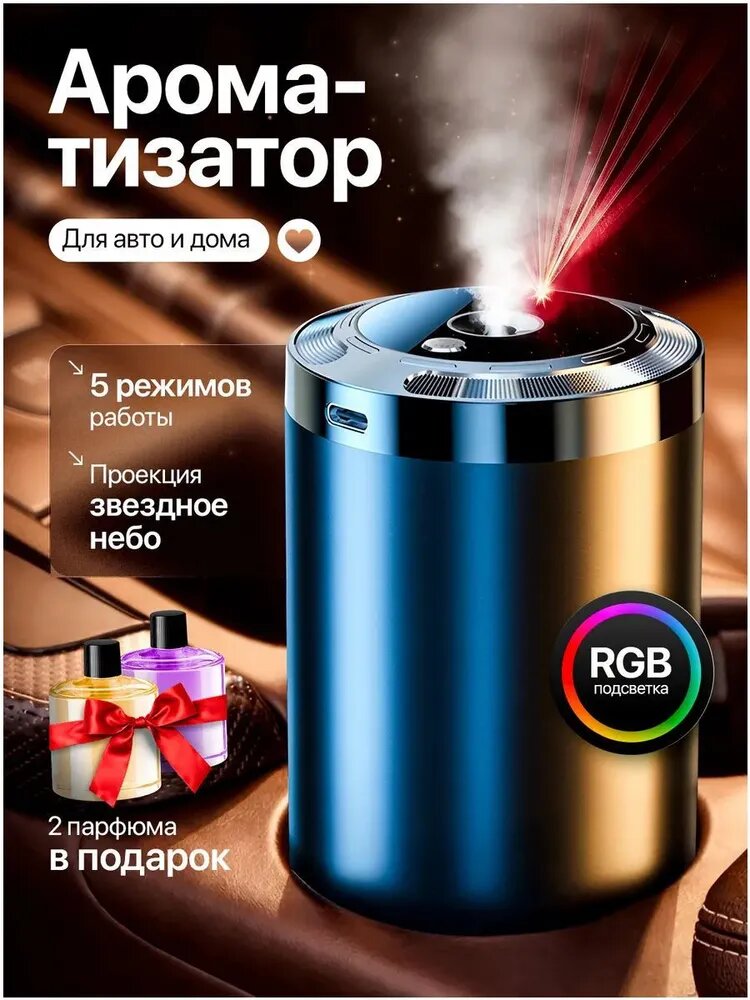 Ароматизатор автомобильный, 000, умный, с RGB подсветкой, проекцией звездного неба, 2 парфюма в подарок
