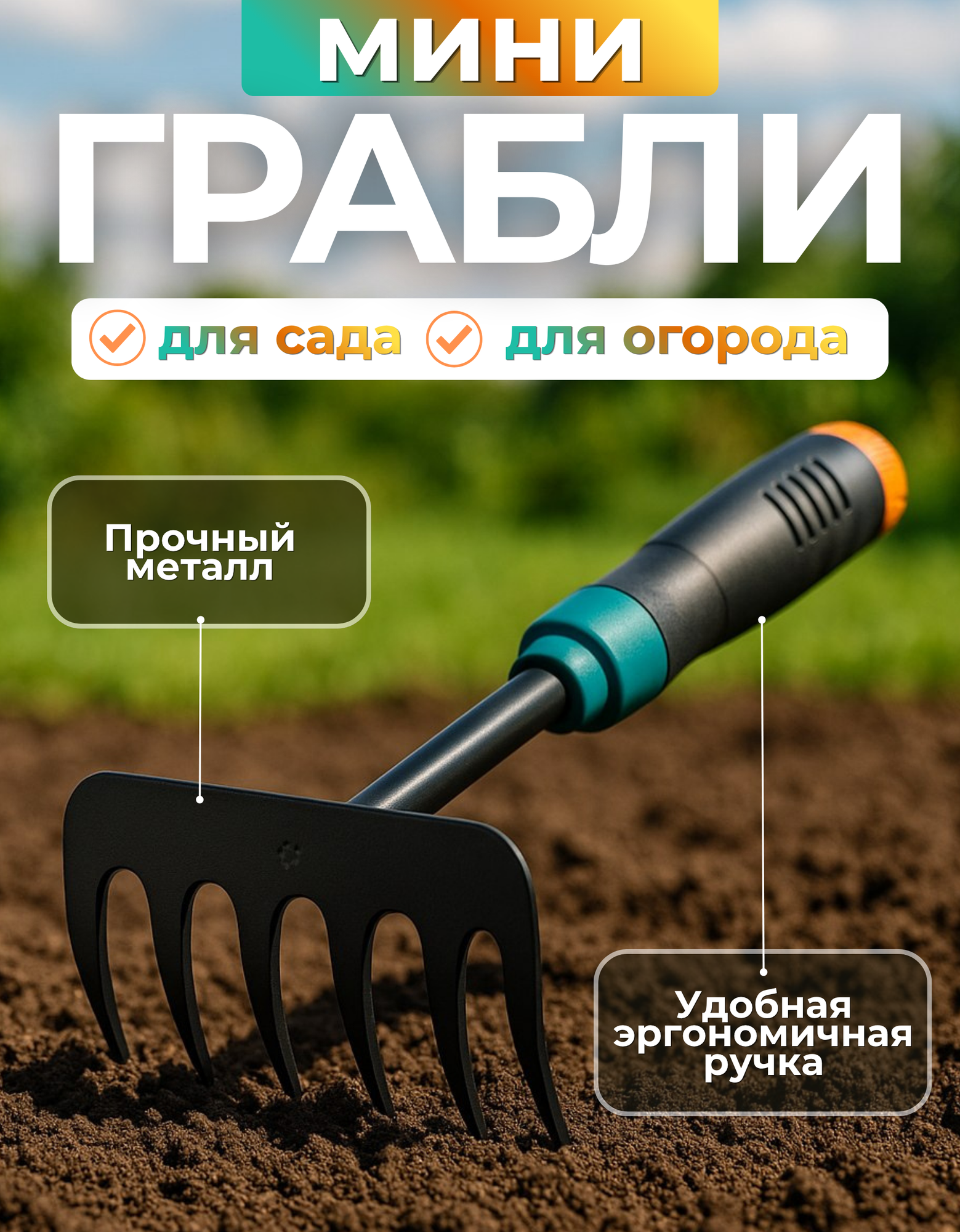 Мини- грабли для сада и огорода, длина 32см, металлические , черные