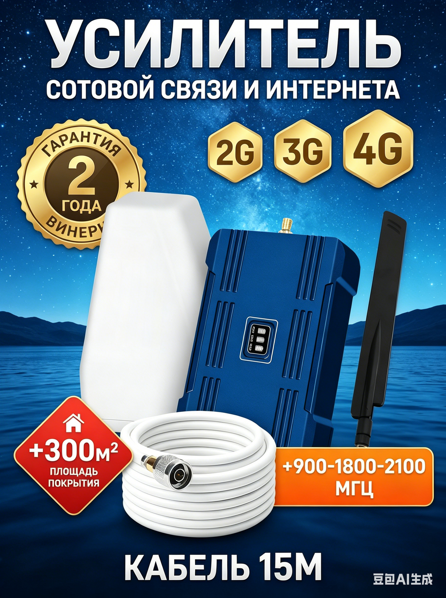 Усилитель сотовой связи 900/1800/2100 МГц (2G/3G/4G): до 70 км, направленный, синий, 1.3 кг