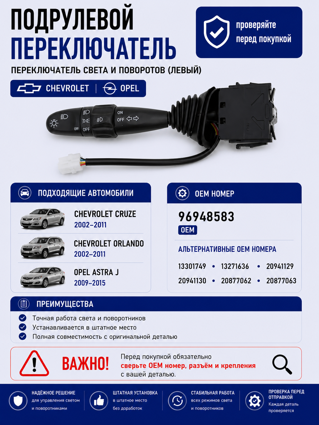 Подрулевой переключатель света и поворотов левый Chevrolet Cruze, Orlando, Opel Astra J 96948583