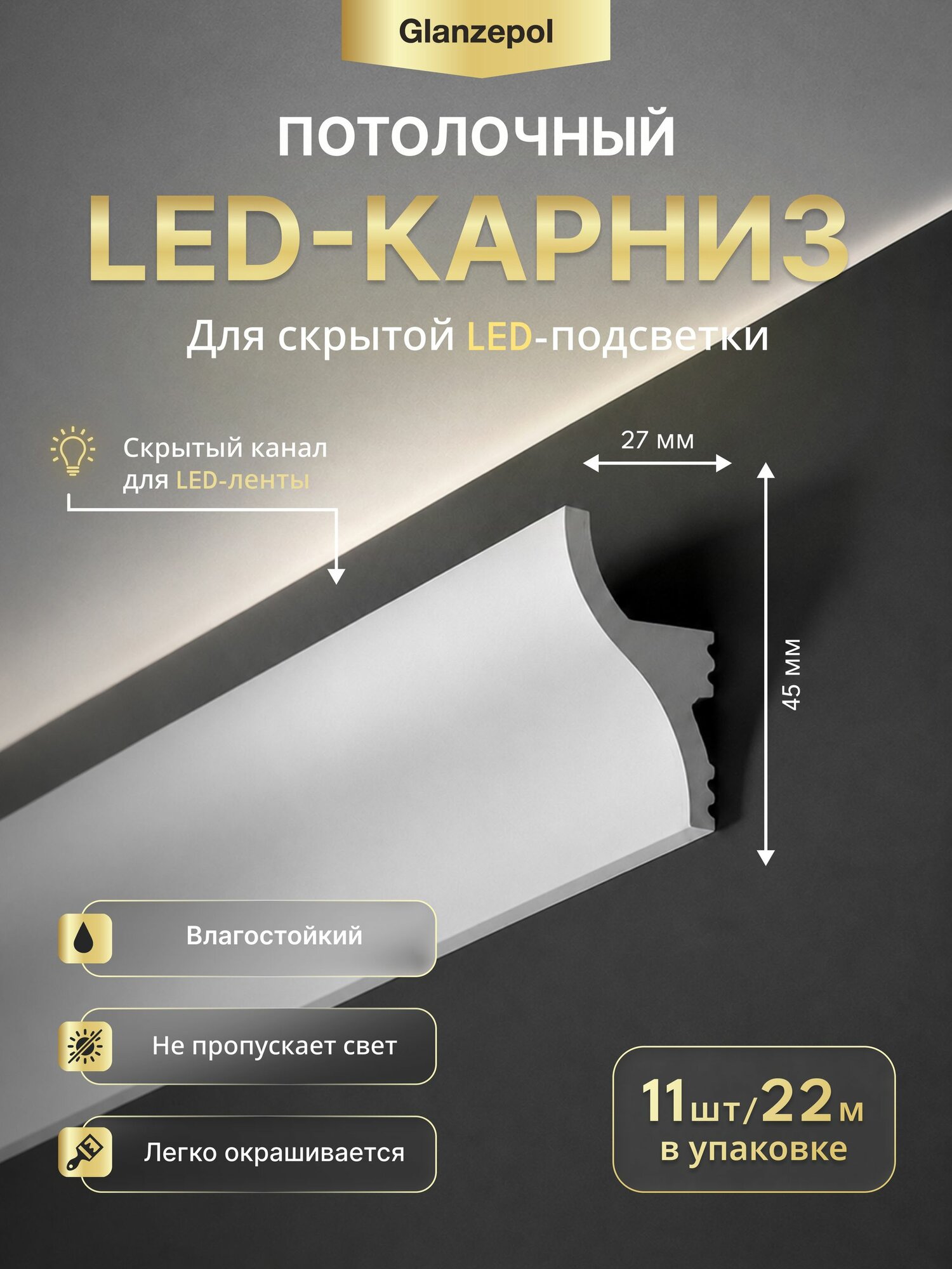 Плинтус потолочный дюрополимер,2метра 45x27мм, 11шт, белый, под покраску, ударопрочный, влагостойкий Glanzepol GPD-201 LED