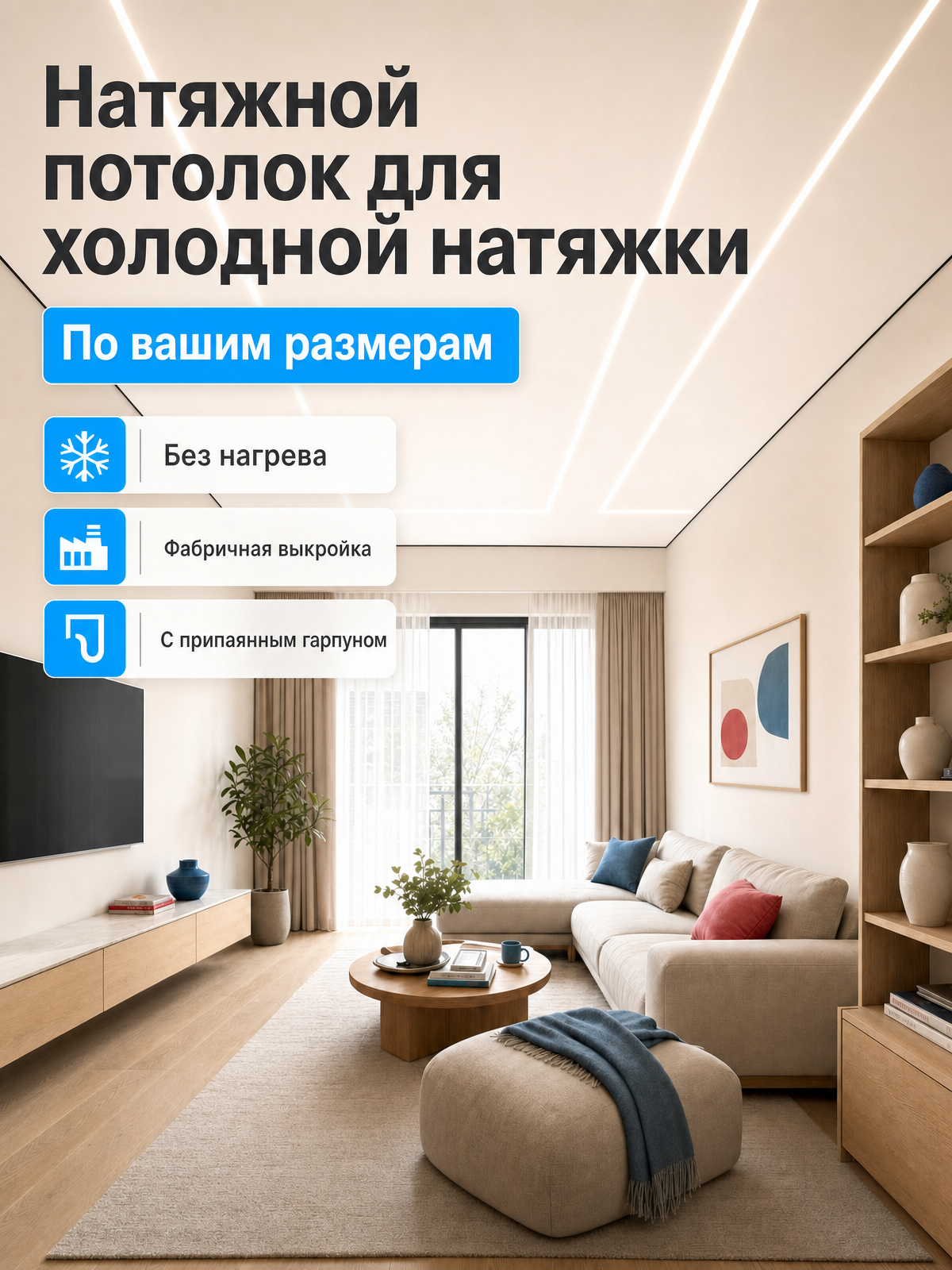 Натяжной потолок для холодной натяжки, по вашим размерам, без нагрева