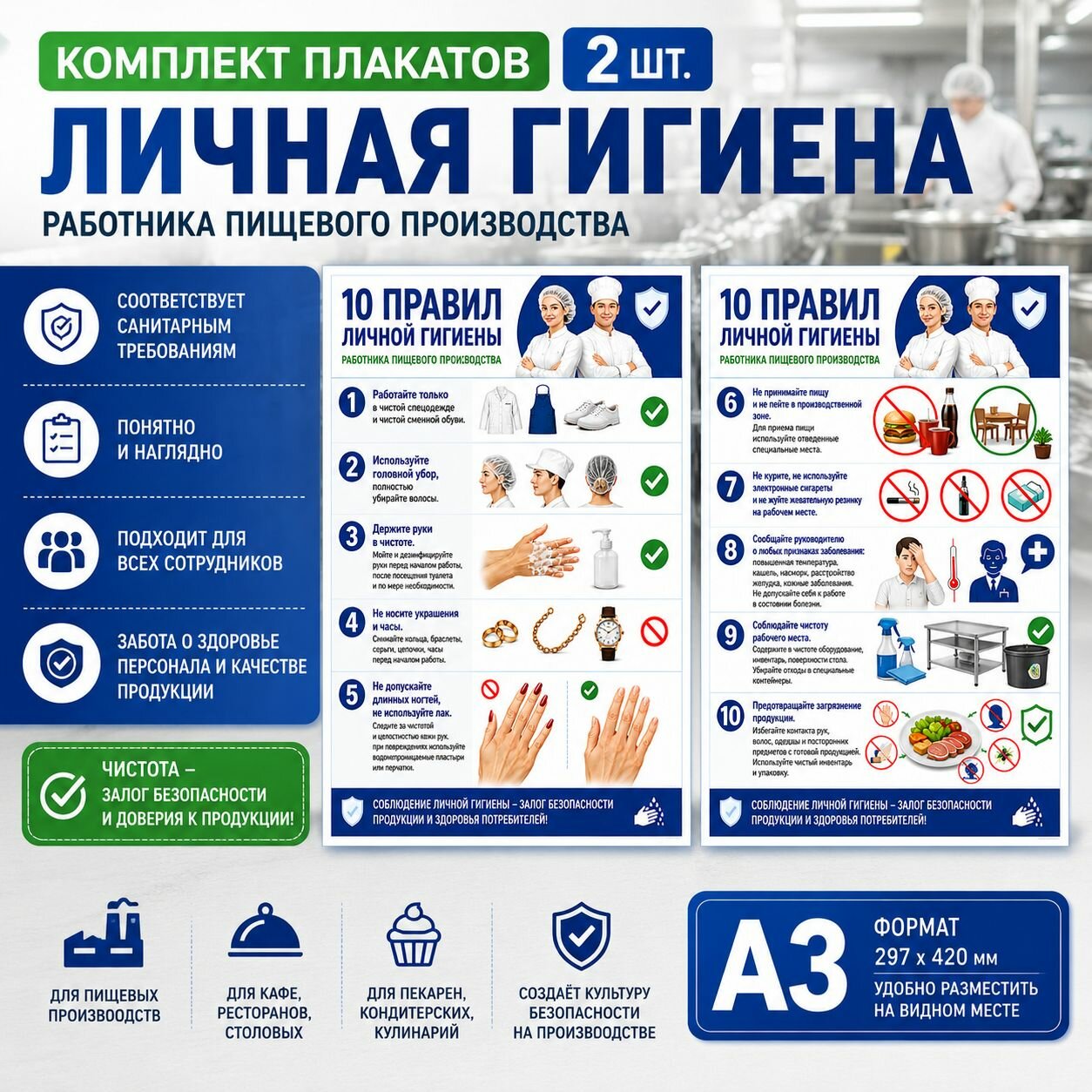 Плакаты по санитарии и гигиене пищевого производства А3 2 листа. Личная гигиена персонала. Комплект для пищеблока кафе столовой.