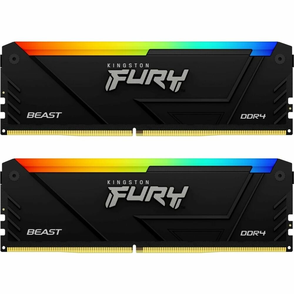 Оперативная память Kingston Fury Beast, DDR4, 64GB (2x32GB), 3200MHz, CL16, DIMM, с радиатором, RGB, черный