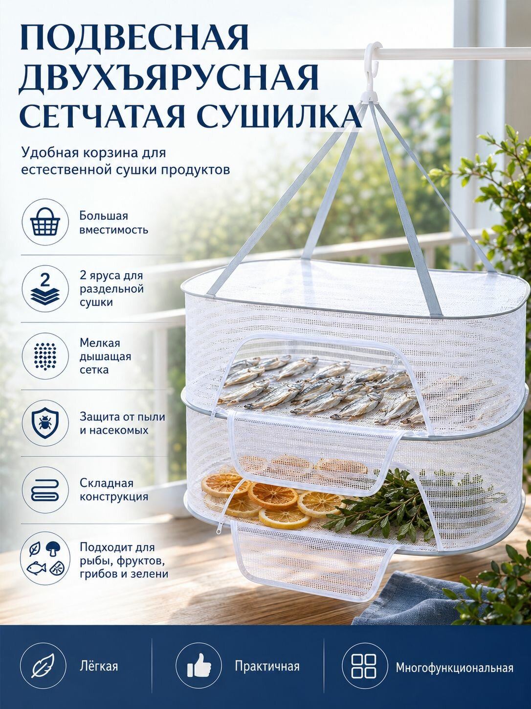 Многофункциональная сетка для сушки овощей и рыбы, 2 уровня, 40x60 см