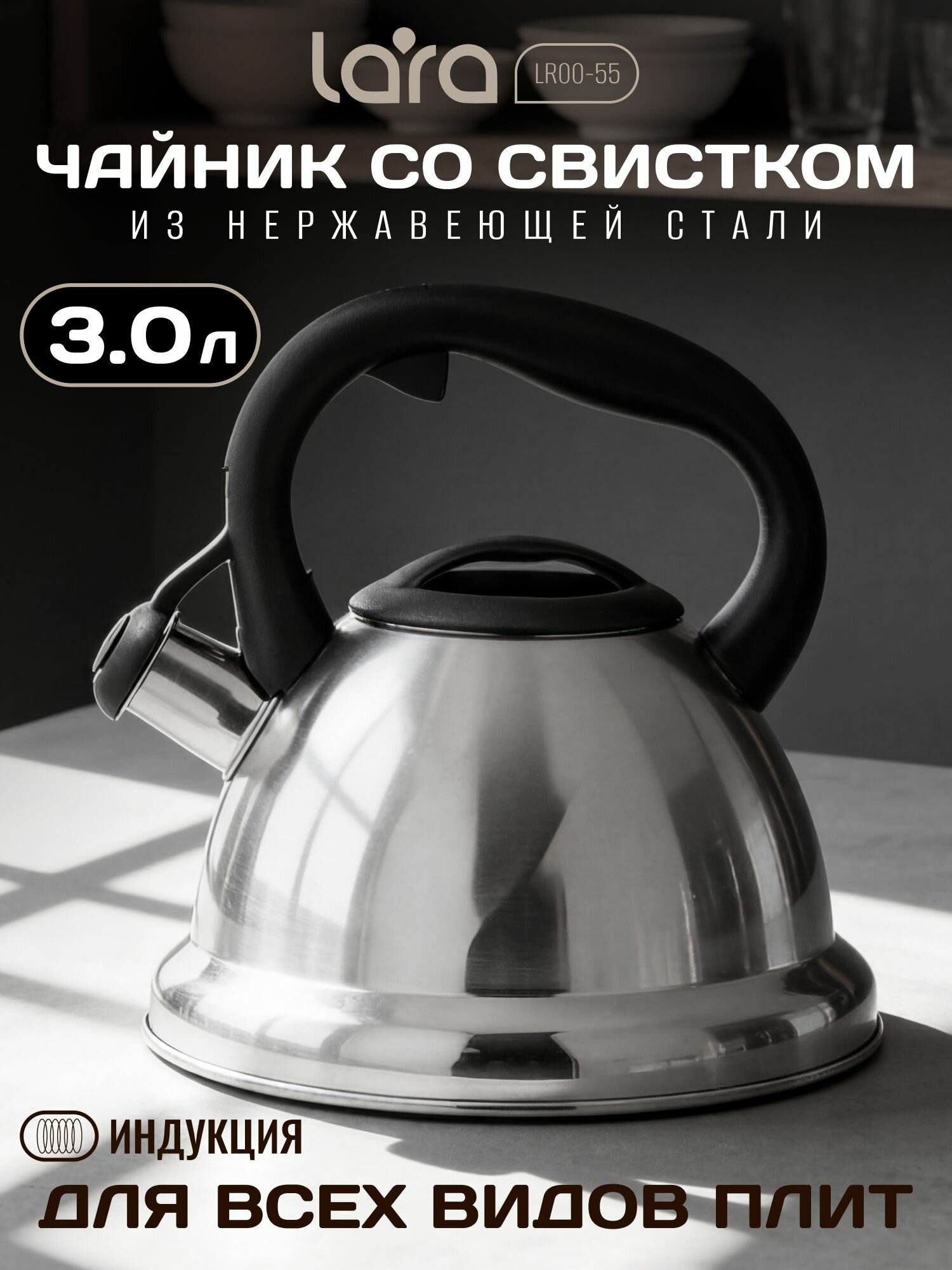 Чайник со свистком 3л LARA из нержавеющей стали, для индукционных плит, для всех видов плит, LR00-55
