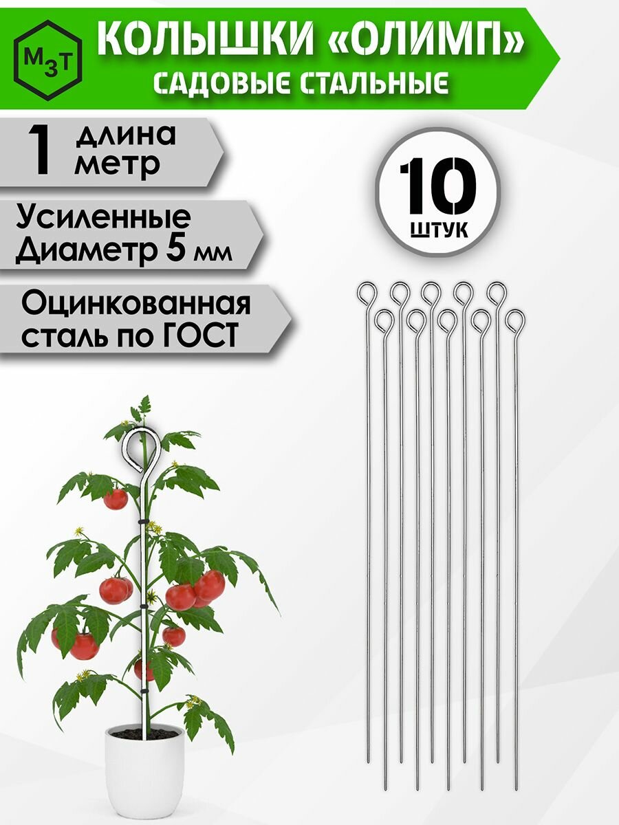 Опора для растений садовых металлическая 1 м (100 см) 10 шт, колышки подпорки из оцинкованной стали, комплект колышков подпорок для помидор огурцов перцев цветов малины опоры для растений подпорки для