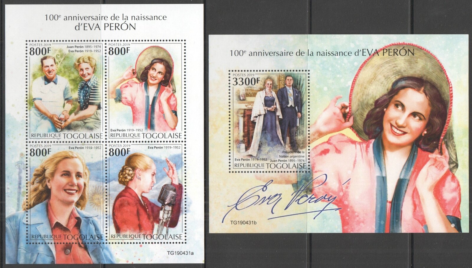Марки 2019 год Того Ева и Хуан Перон Первая леди Аргентины #7406-7409+Bl1704 Mnh