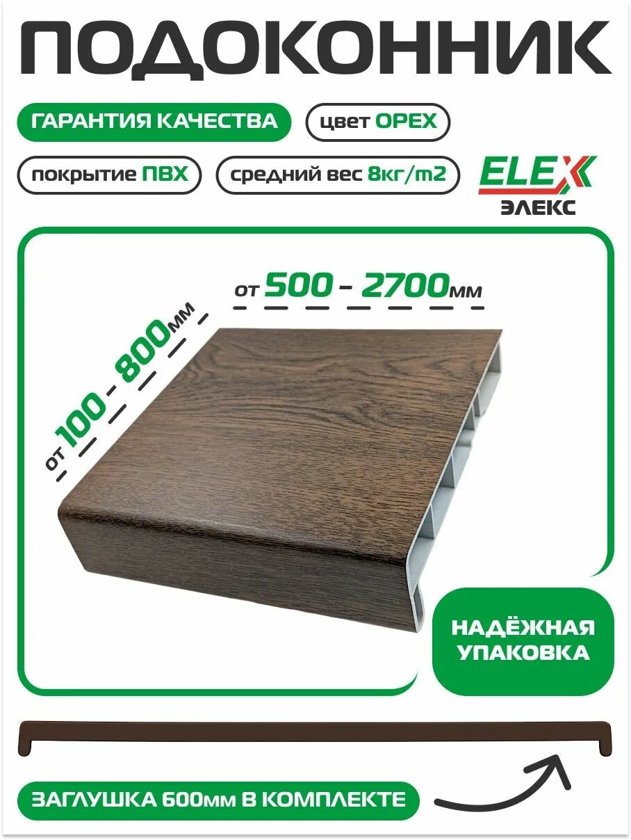 Подоконник пластиковый (ПВХ) ELEX Орех матовый 500х500мм, Заглушка в комплекте