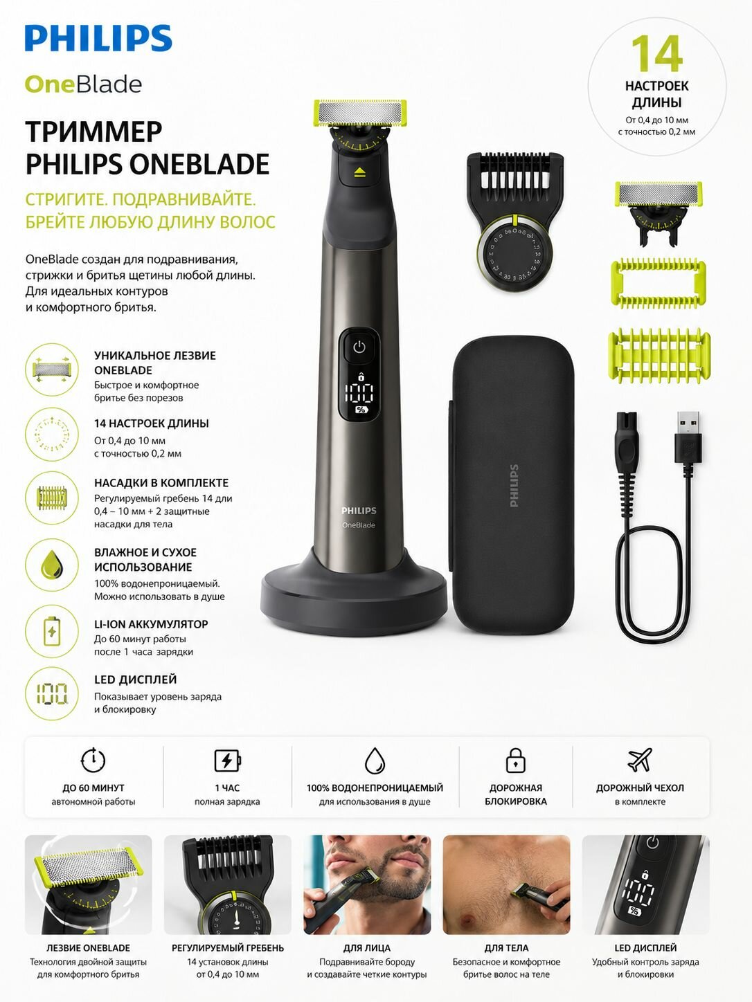 Триммер OneBlade QP6652, для бороды и усов, нержавеющая сталь, чёрный/серый