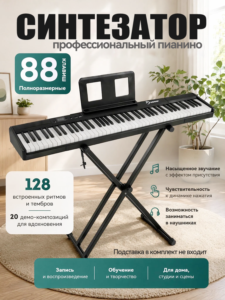 Цифровое пианино-синтезатор 88 клавиш, 128 тембров, полновзвешенная клавиатурой, с педаль сустейна, Bluetooth midi