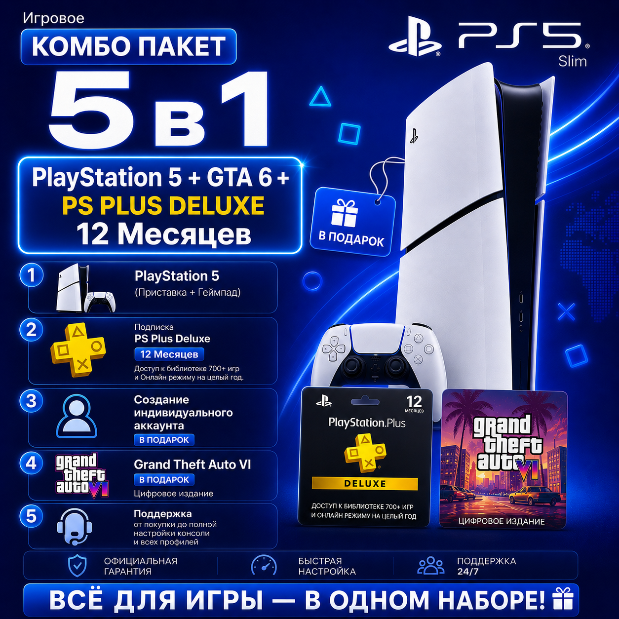 Игровая приставка Sony PlayStation 5 Slim+ GTA VI(6)+PS Plus Deluxe 12 Месяцев 1TB Blu-Ray Edition с дисководом