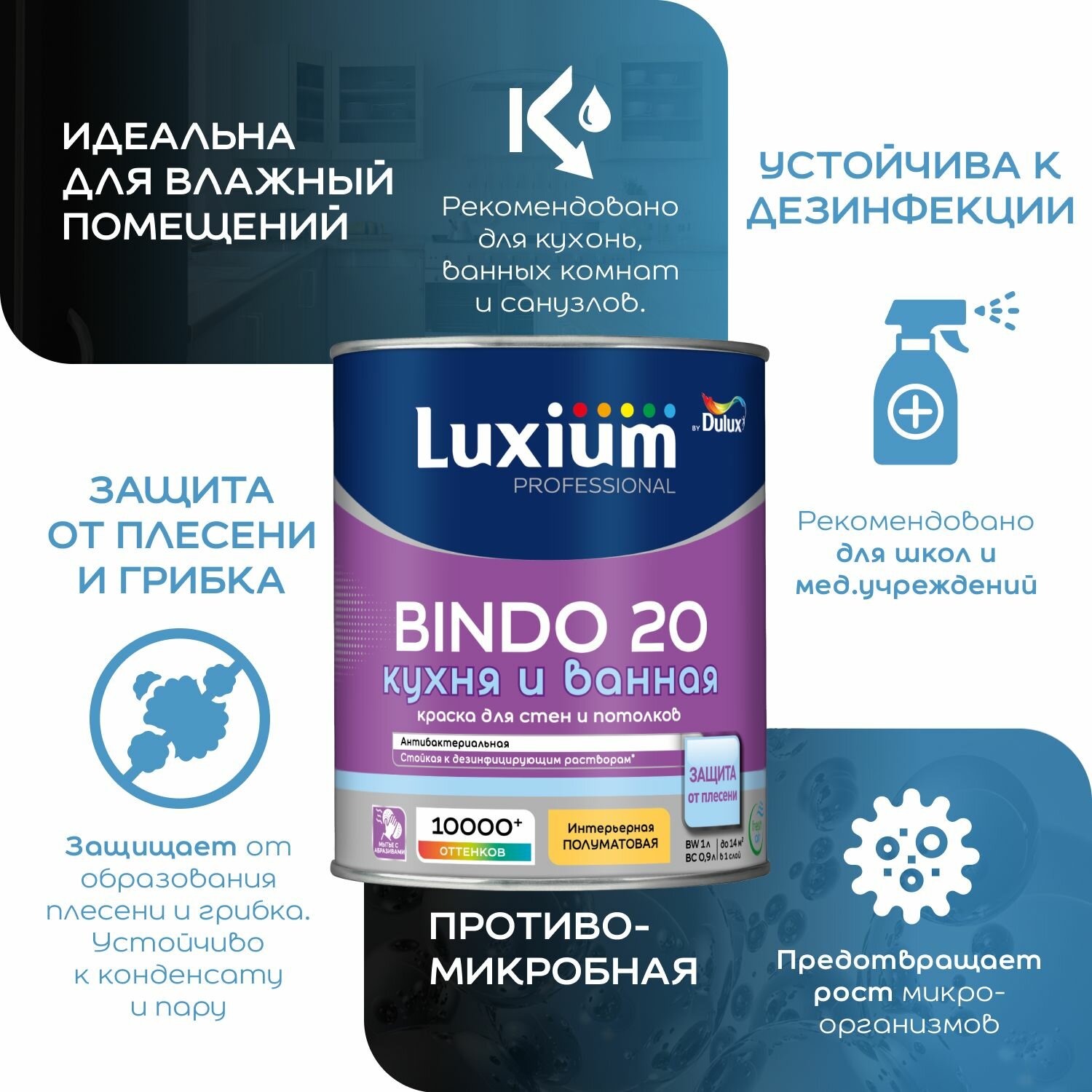 Краска для кухни и ванной Luxium by Dulux Professional Bindo 20 полуматовая база BW 2.5 л