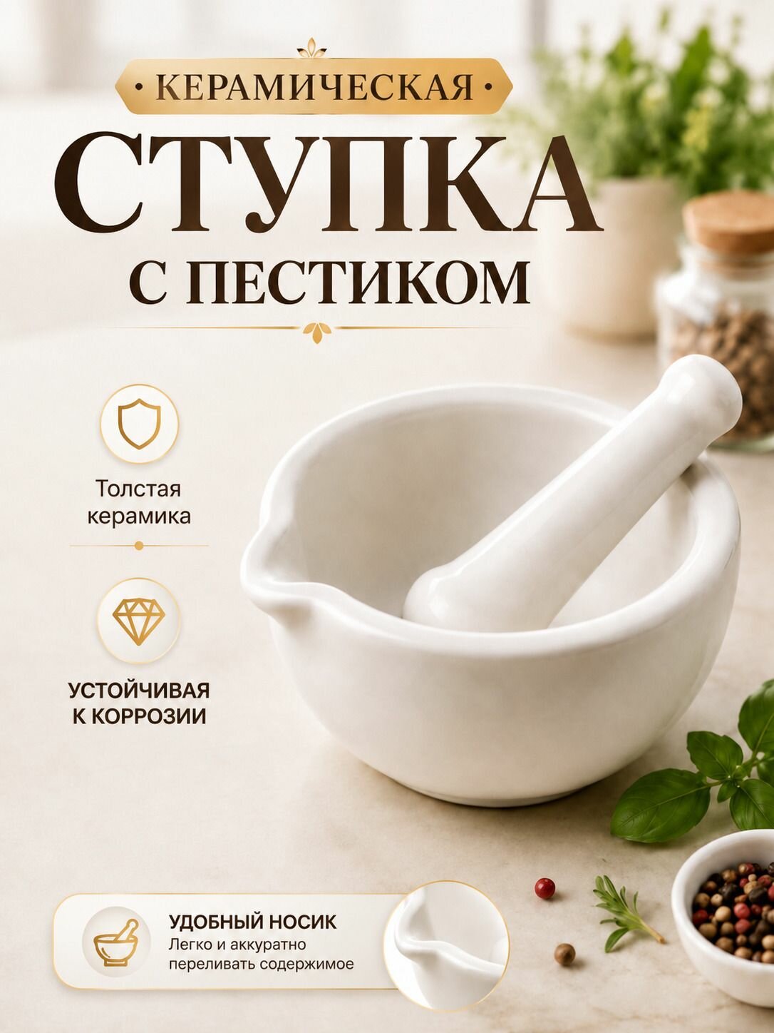 Ступка с пестиком, Фарфор, 1 шт