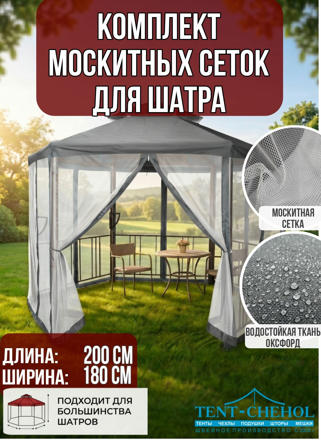 Москитная сетка для беседки. Комплект 6 штор 200х180. Серый+белый