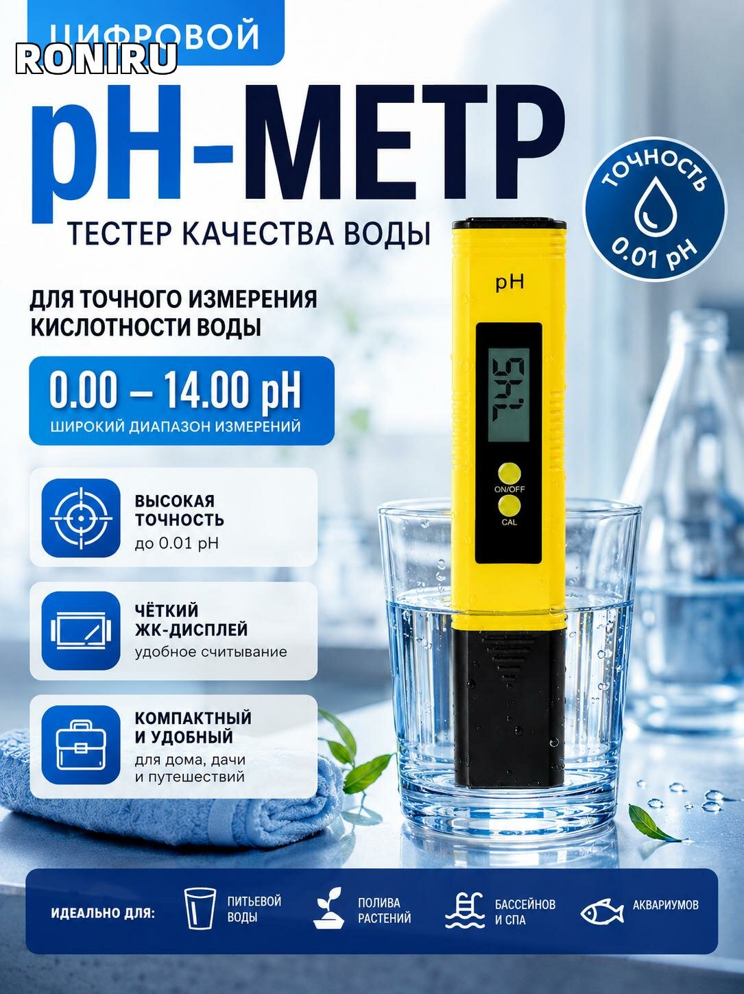 Цифровой pH-метр — тестер качества воды для оперативных измерений кислотности 0.00–14.00 pH компактный с ЖК-экраном