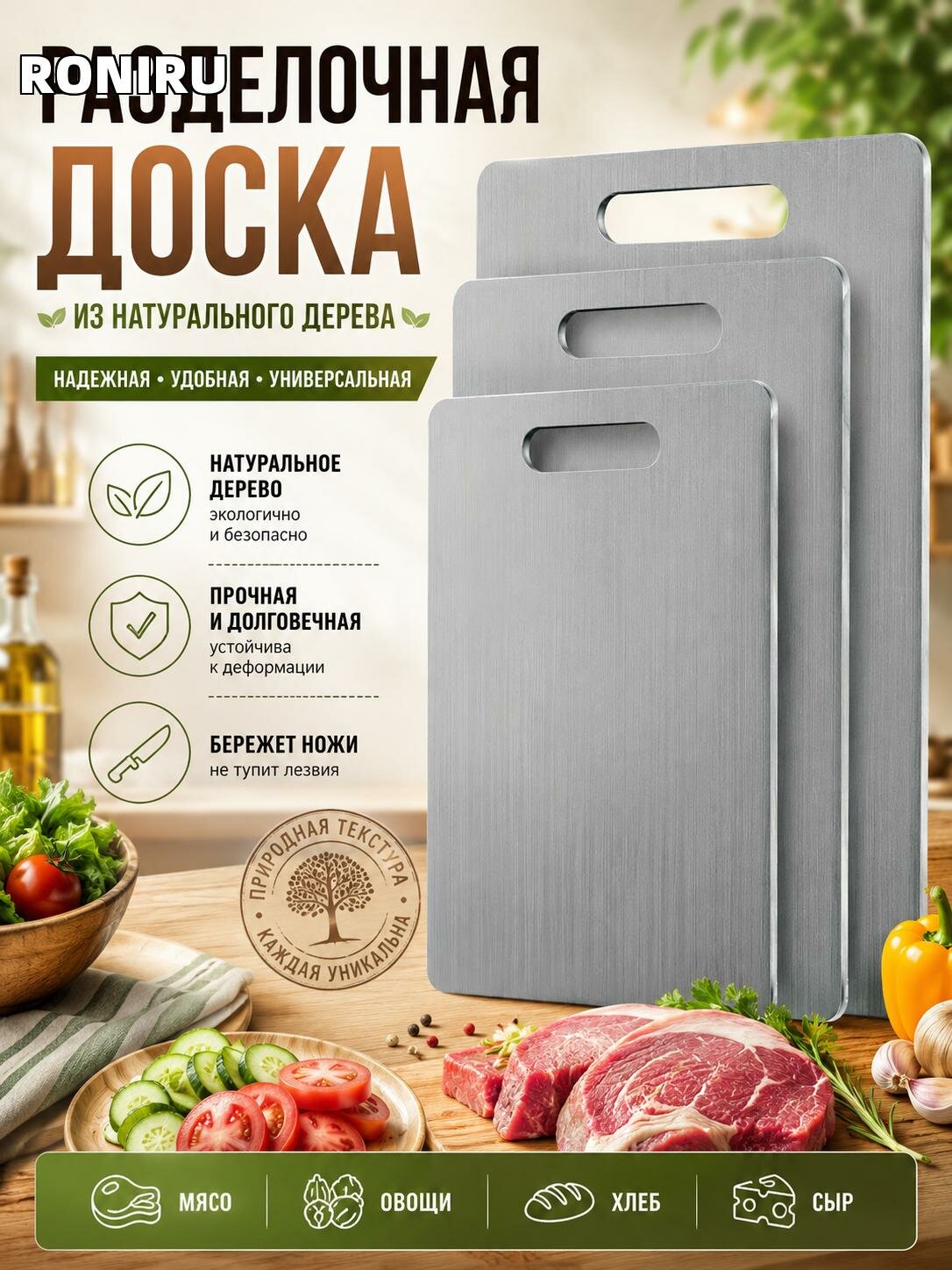 Разделочная доска из натурального дерева для кухни — прочная и удобная для нарезки мяса, овощей, хлеба и сыра.