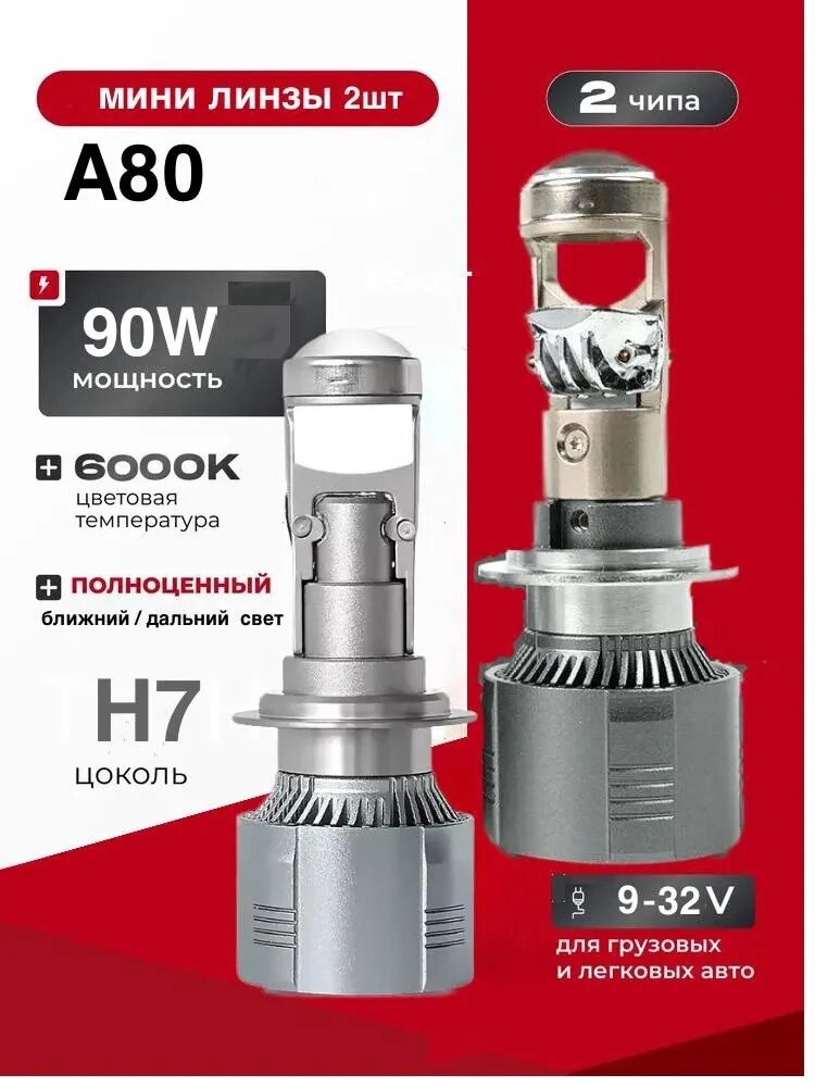 Светодиодные лампы H7 A80 мини линзы, LED лампочки H7 автомобильные лед ближний свет, 8200 лм, 90W, 6000K, 2 шт